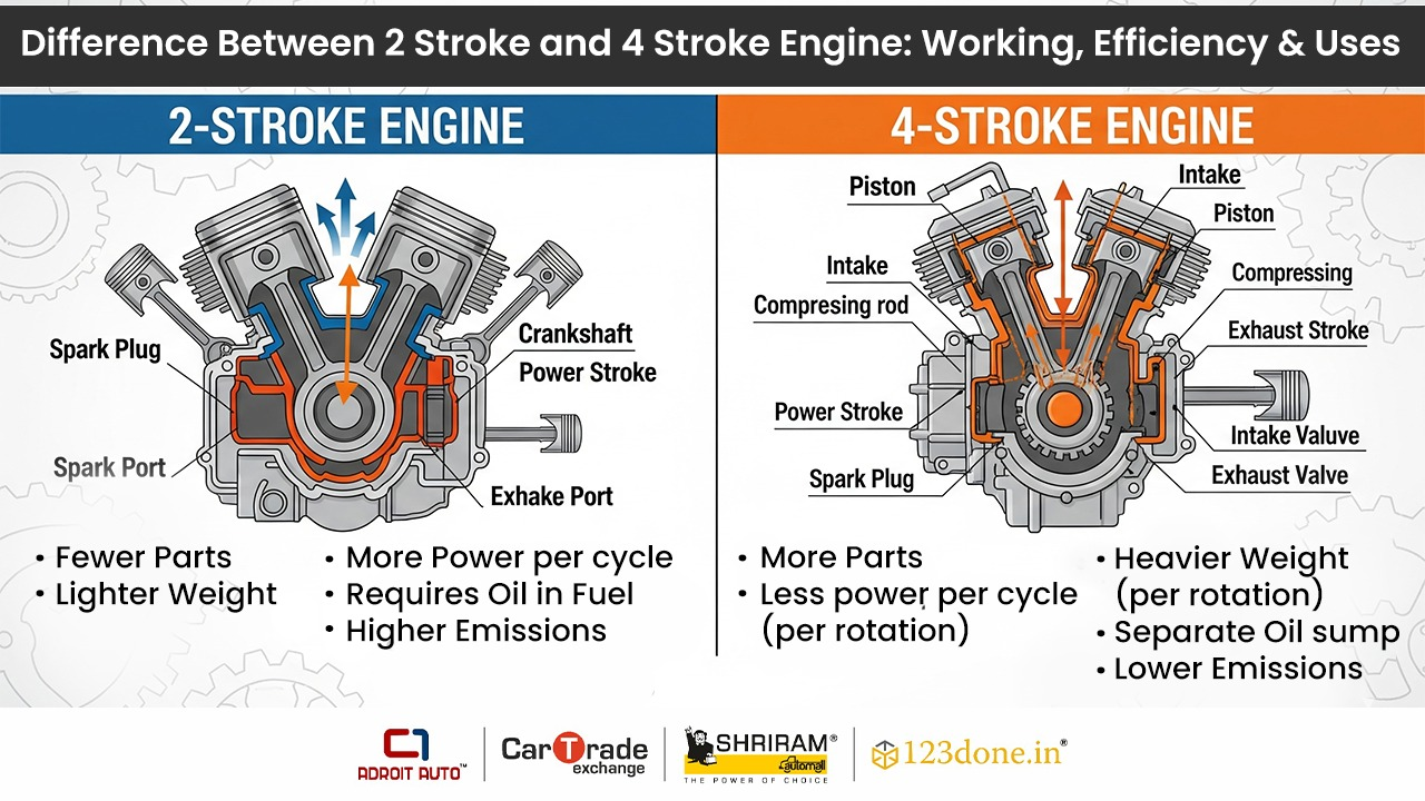 Difference Between 2-Stroke and 4-Stroke Engine: Working, Efficiency & Uses